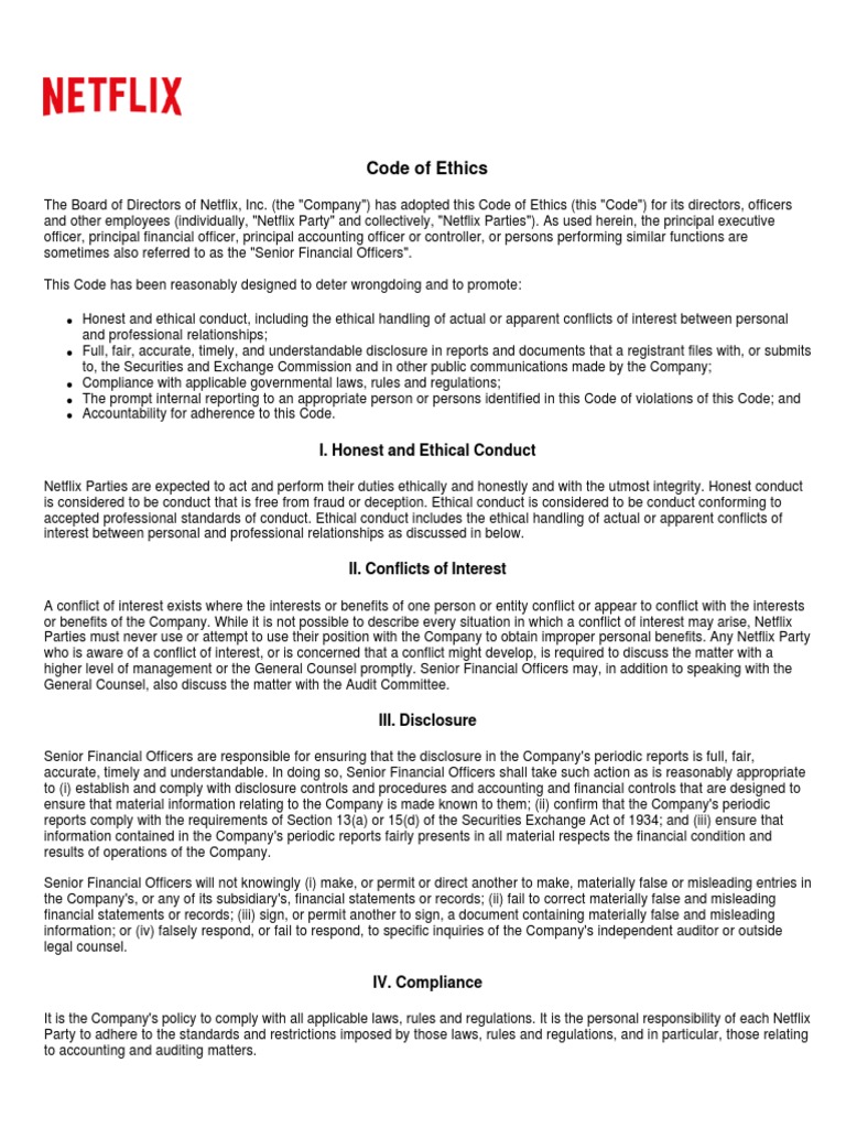Netflix Code Ethics | PDF | Conflict Of Interest | Discovery (Law)