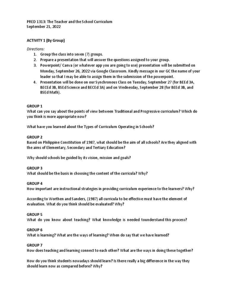PRED 1313. Group Task To Accomplish. September 21 2022 | PDF | Curriculum | Learning