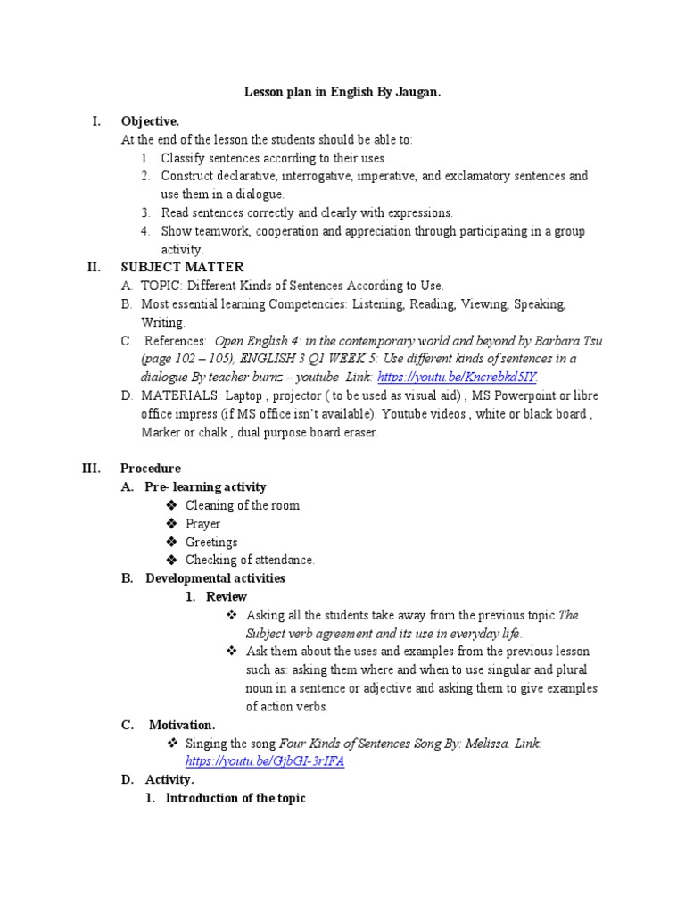 English Lesson Plan in 4 Types of Sentences by Jaugan | PDF | Question ...