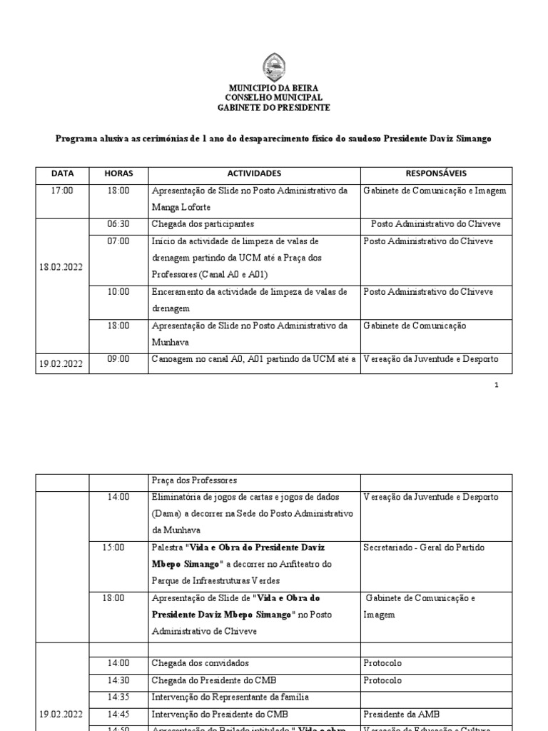 Cerimônias de 1 Ano de Daviz Simango | PDF
