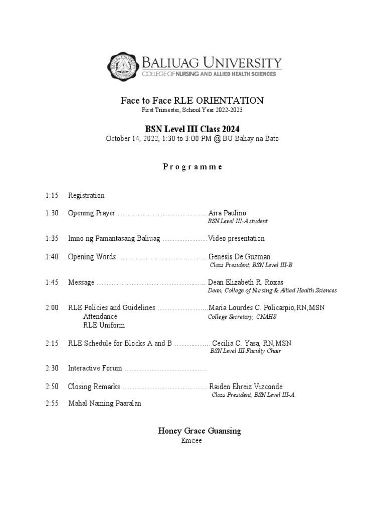 BSN Level III Face To Face RLE ORIENTATION | PDF
