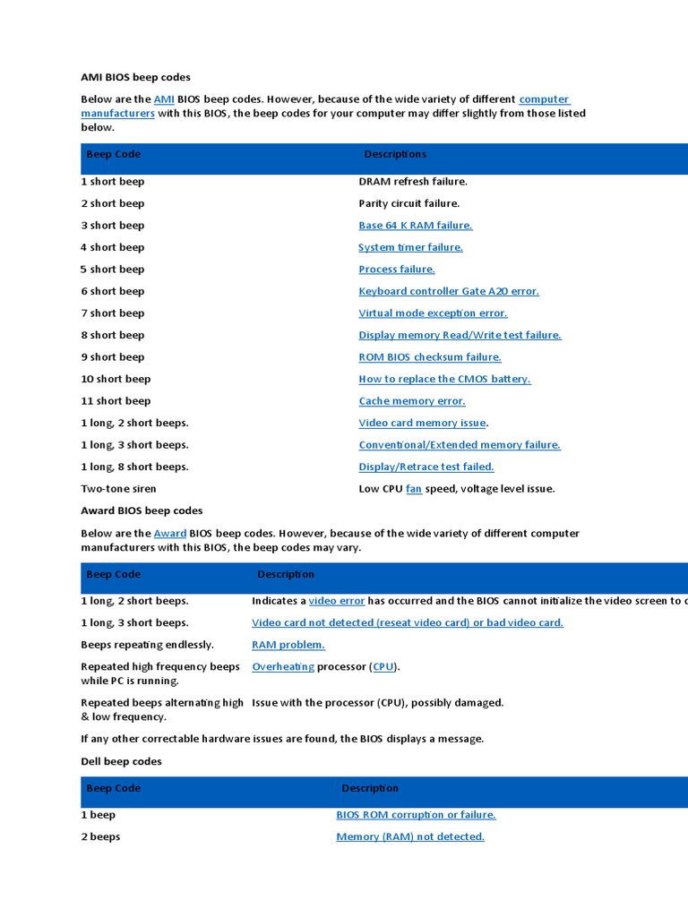 Bios Beep Codes Pdf Bios Random Access Memory