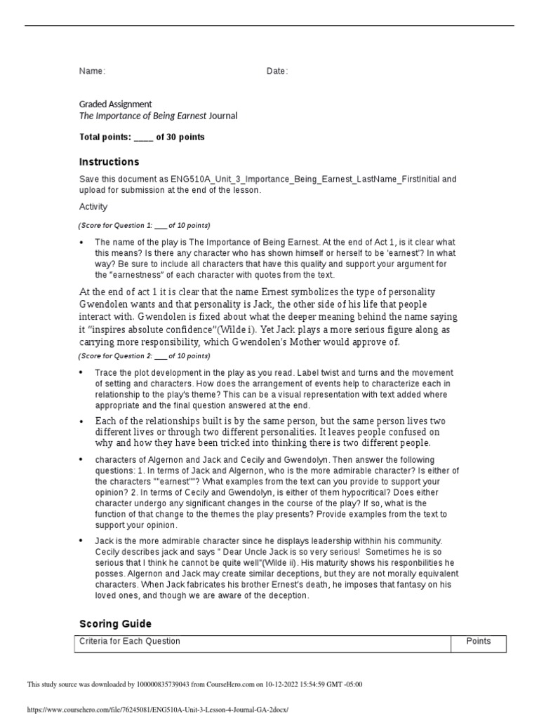 ENG510A Unit 3 Lesson 4 Journal GA 2 | PDF | The Importance Of Being ...