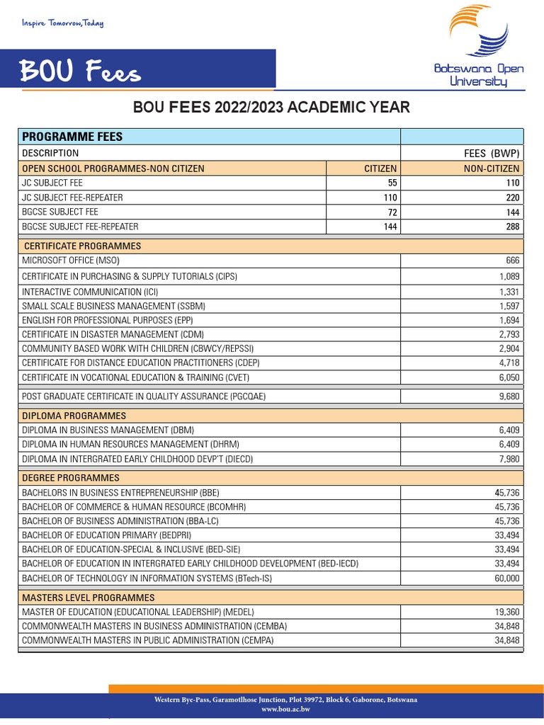 BOU Fees 2022-2023 Academic Year Latest | PDF | Diploma | Bachelor's Degree