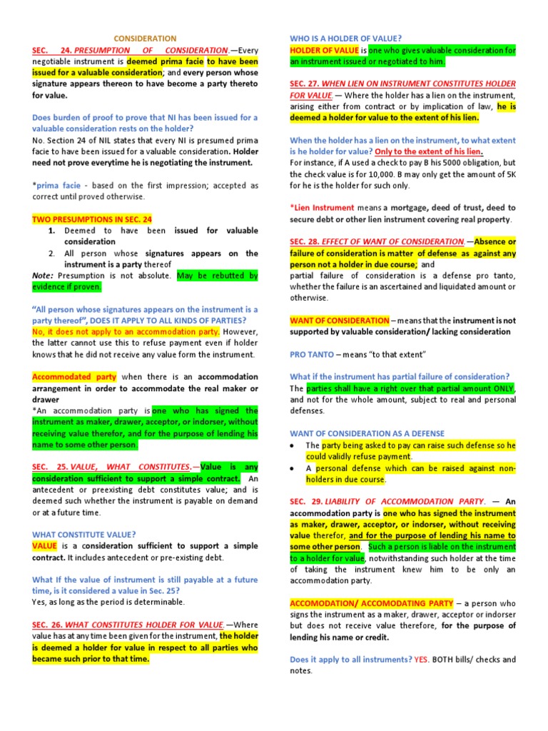Consideration and Negotiation of The Nil | PDF | Negotiable Instrument ...