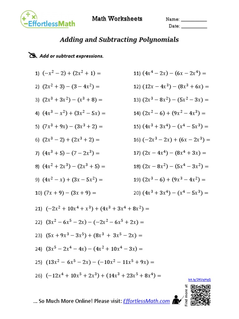 Adding and Subtracting Polynomials | PDF