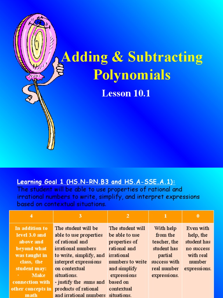 Lesson 10.1 Add and Subtract Polynomials | PDF | Polynomial | Rational ...