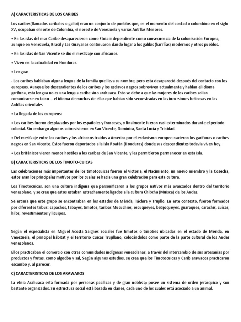 Caracteristicas de Las Etnias, Caribes, Timoto Cuicas, Amaryu | PDF ...