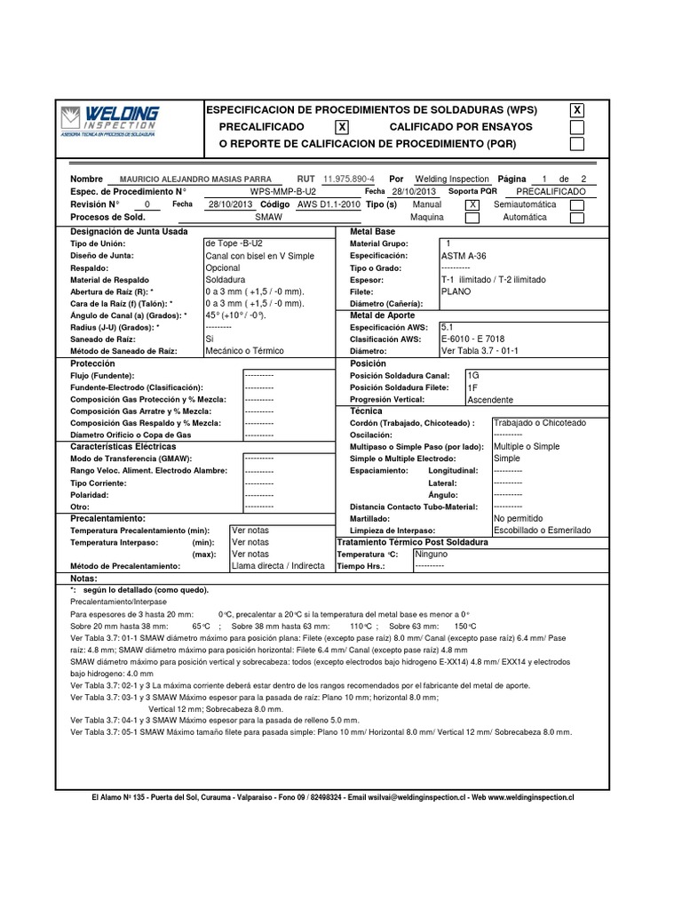 WPS - 1g) - AWS (MAURICIO MASIAS) PROCEDIMIENTO ARCO MANUAL | PDF ...