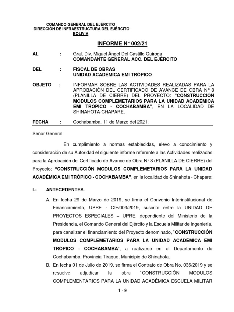 Informe sobre Avance de Obra EMI Trópico | PDF | Ingeniería de Edificación | Materiales de ...