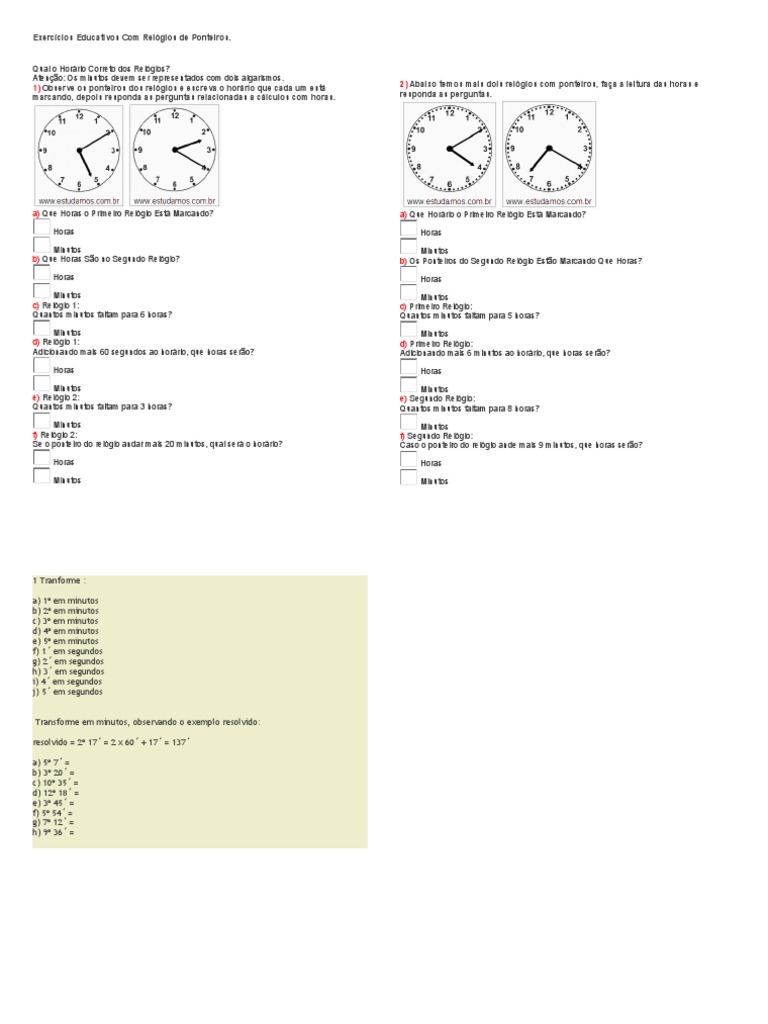 Exercícios Educativos Com Relógios de Ponteiros | PDF
