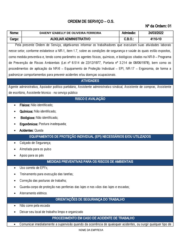Modelo de Ordem de Servico NR 01 | PDF | Fatores humanos e Ergonomia