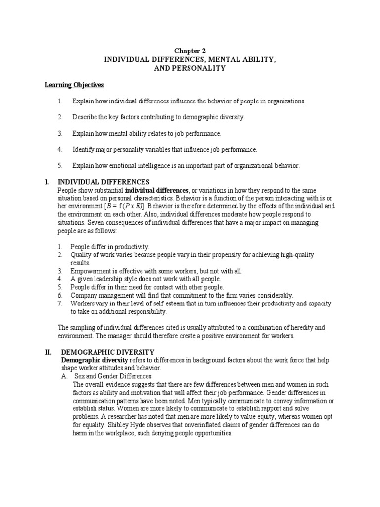 Chapter 2 Individual Level Individual Differences Demographic Diversity Mental Ability and ...