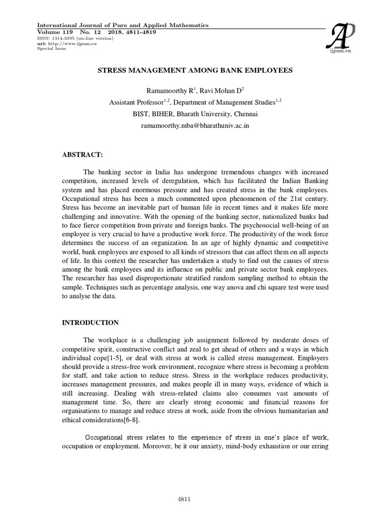 Stress Management Among Bank Employees: Abstract | Download Free PDF ...