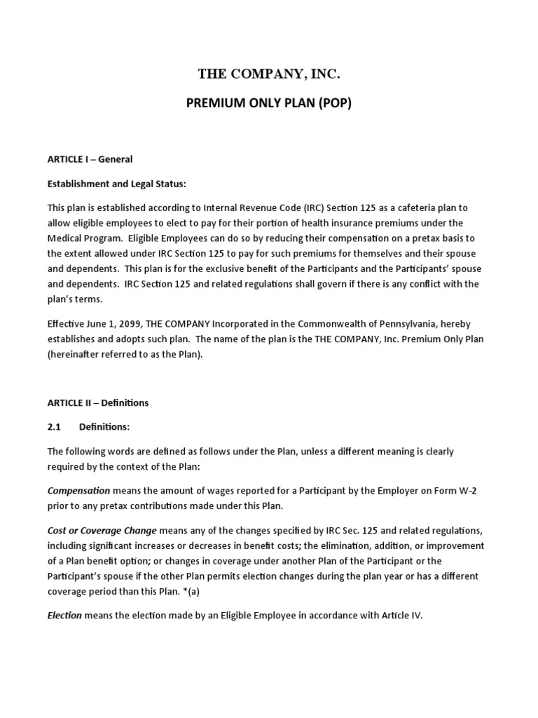 Premium Only Plan Act 125 | PDF | Payroll Tax | Employment Premium Only Plan Act 125 | PDF | Payroll Tax | Employment