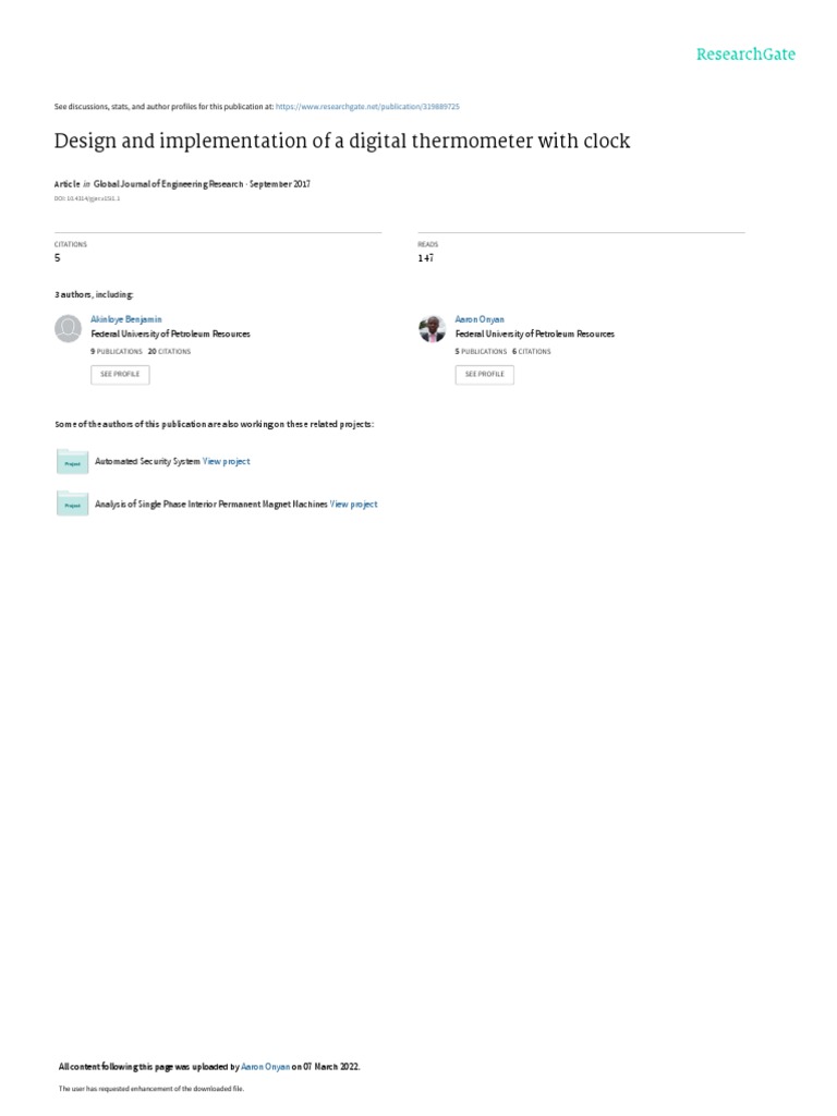 Design and Implementation of A Digital Thermometer With Clock | PDF ...