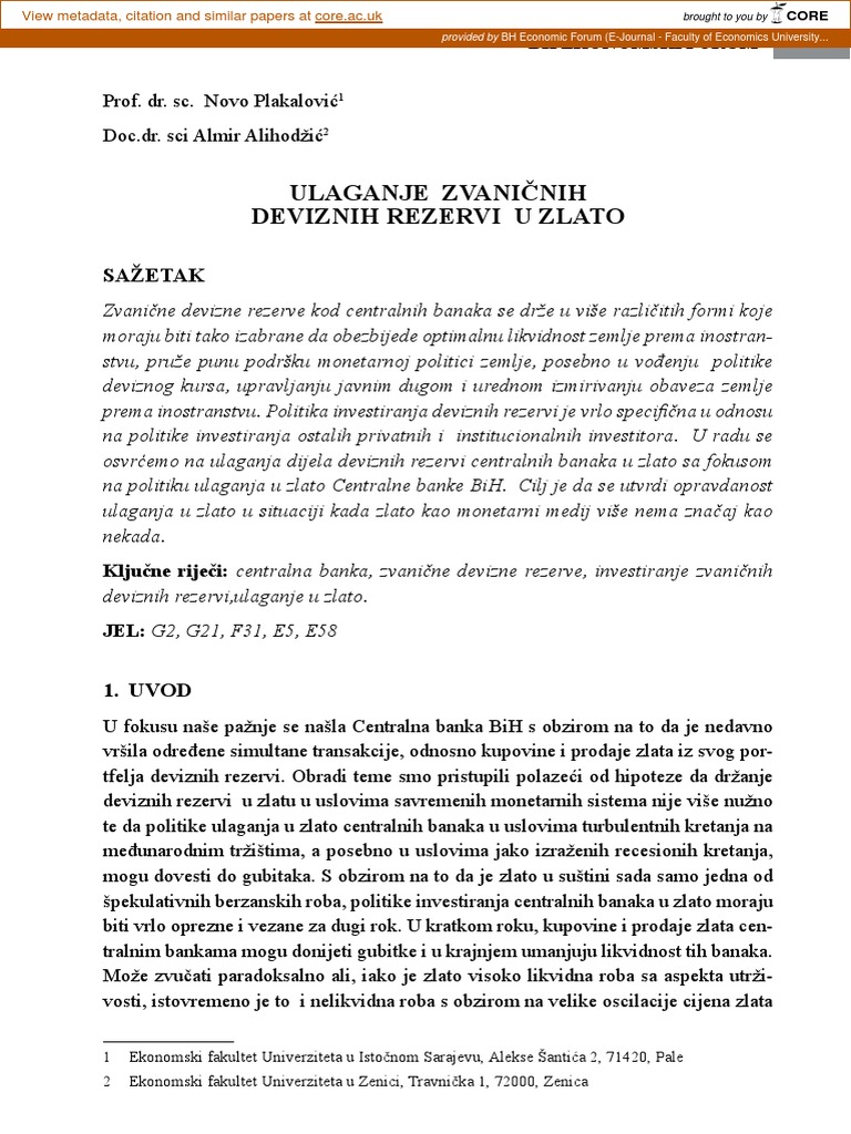 Ulaganje Zvanicnih Deviznih Rezervi U Zlato | PDF