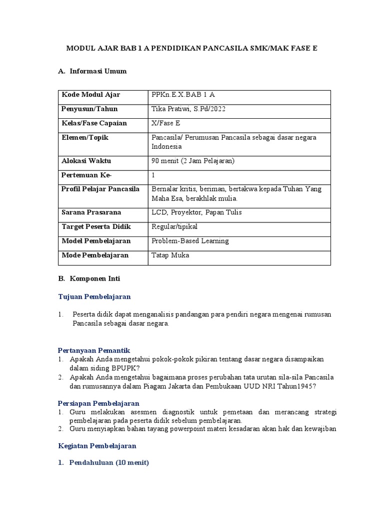 MODUL AJAR Pend Pancasila - PANCASILA | PDF