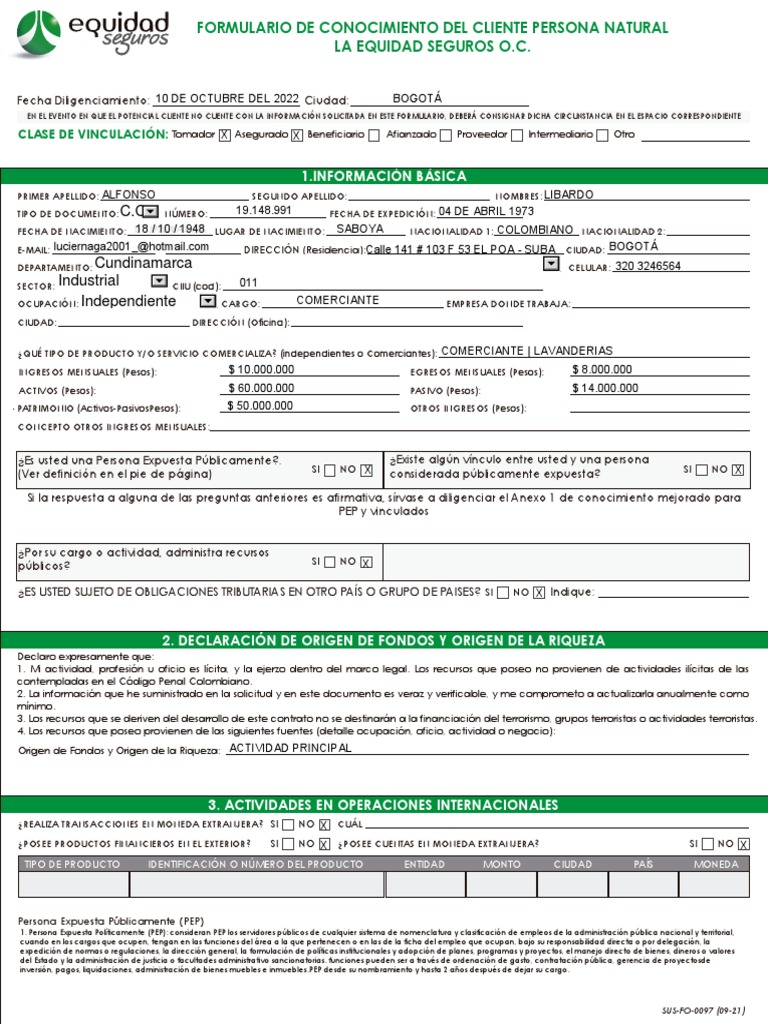 Formulario de conocimiento del cliente persona natural | PDF | Póliza de seguros