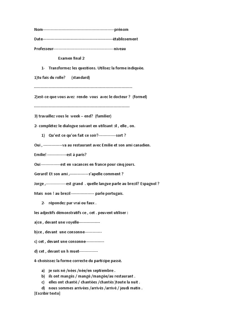Examen final de français niveau 2 | PDF | Communication humaine ...
