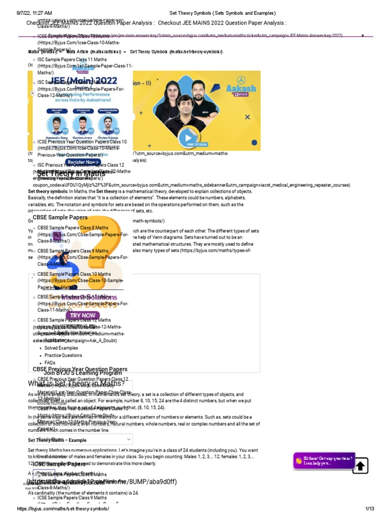 Set Theory Symbols Sets Symbols And Examples Pdf Set Mathematics Mathematical Logic