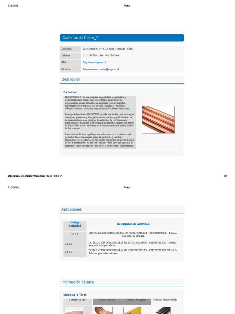 Fichas Cañerias Cobre | PDF | Cobre | Tubería (transporte de fluidos)