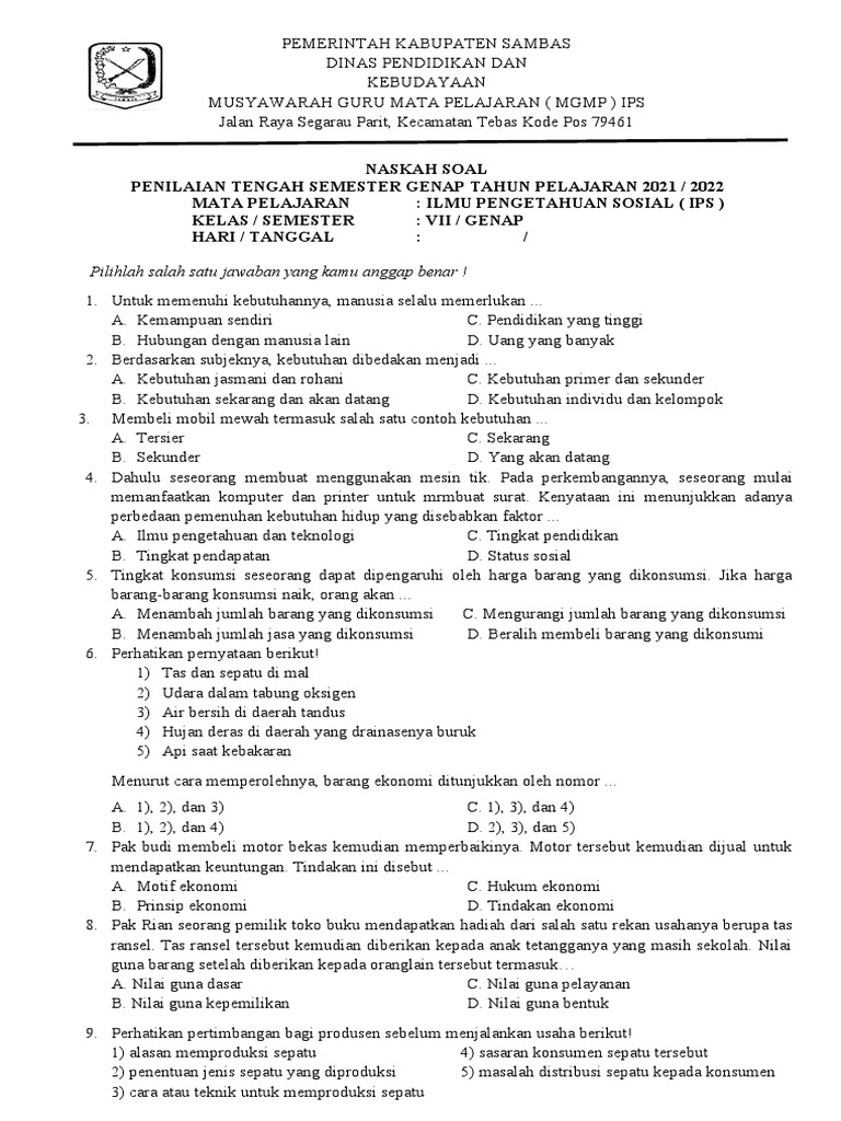 Soal PTS Ips Kelas 7 Semester Genap | PDF