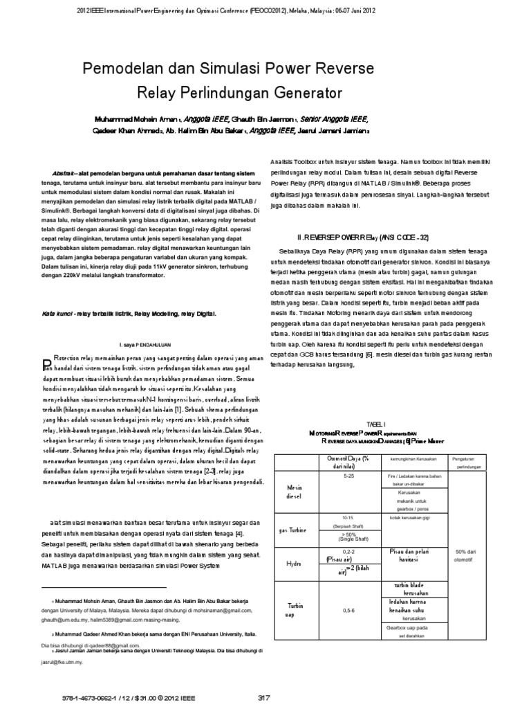 Modeling And Simulation Of Reverse Power Relay For Generator Protection 