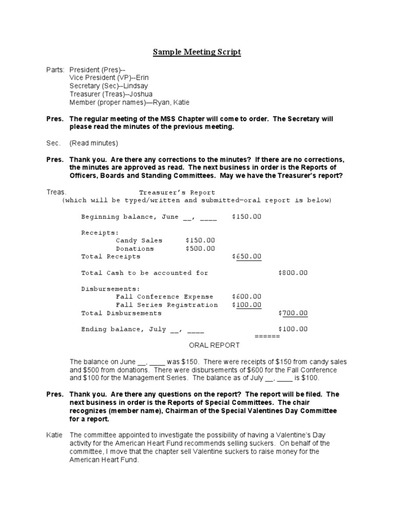 Sample Meeting Script | PDF | Parliamentary Procedure | Committee