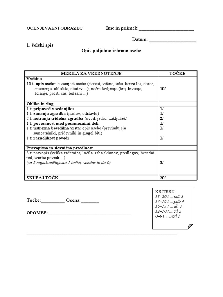 OCENJEVALNI OBRAZEC - Spis | PDF
