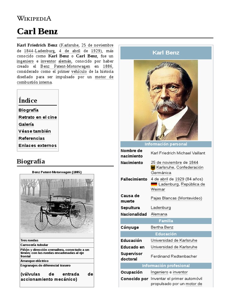 Carl Benz | PDF | Partes de vehículo | Motor de combustión interna