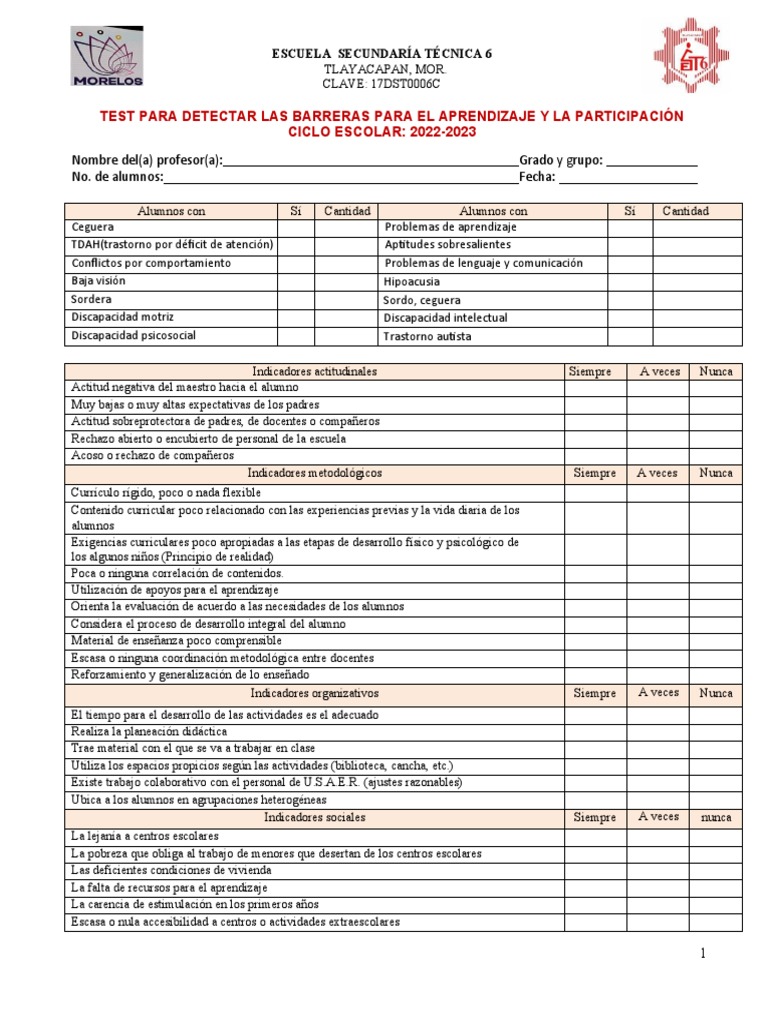 TEST Barreras de Aprendizaje - Bap | PDF | Método de enseñanza ...