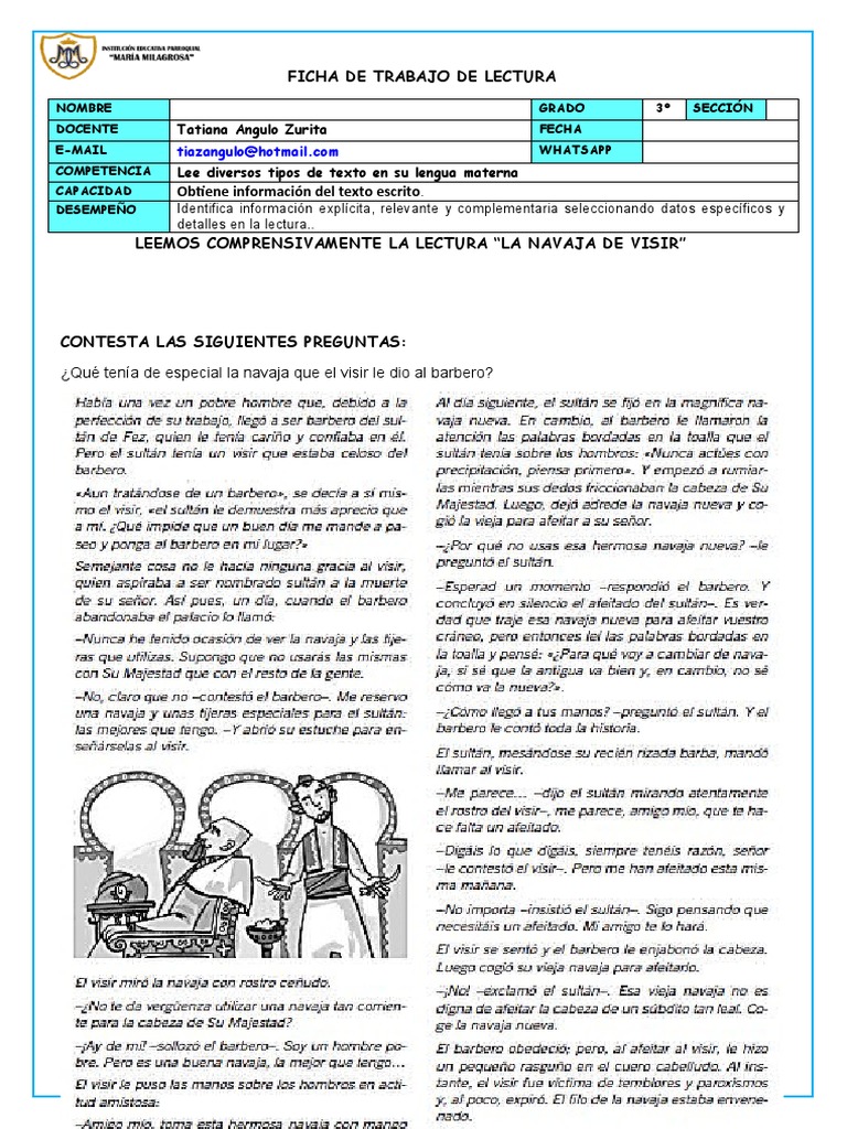 Ficha de Trabajo de Lectura La Navaja de Visir | PDF