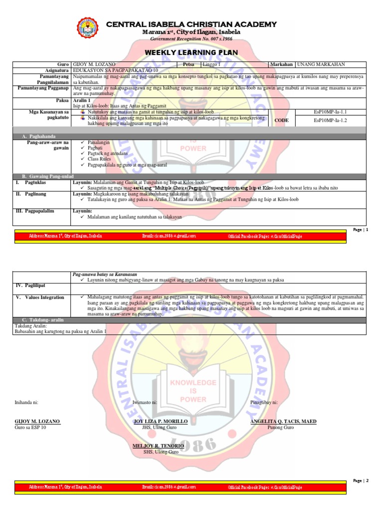 Esp 10 Weeks 1 2 Lp Pdf