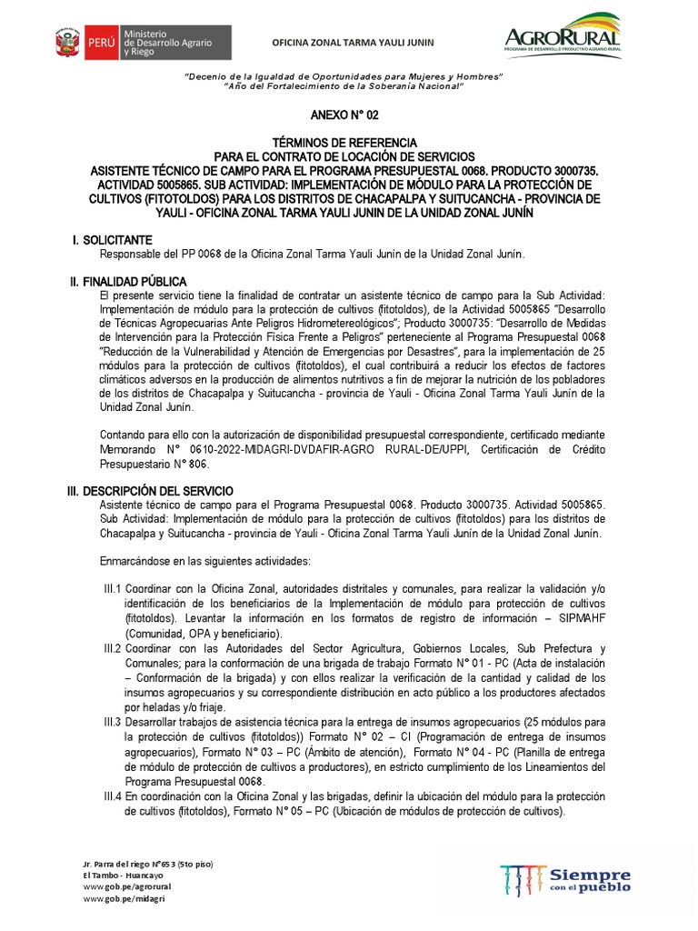TDR Tecnico de Campo Modulo de Protección de Cultivos 2022 Chaca y Suitu | PDF | Salud pública ...