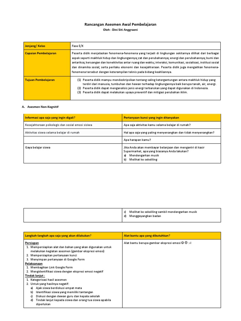 Contoh Asesmen Awal Pembelajaran SMP | PDF
