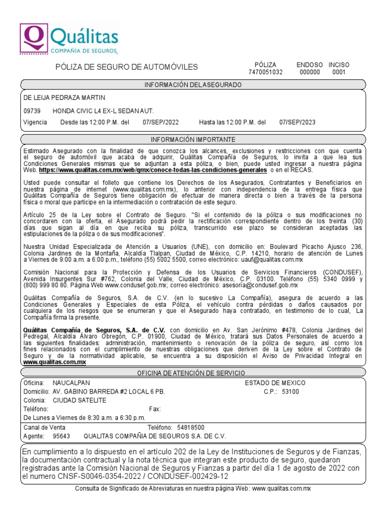 Quálitas Compañía de Seguros, S.A. de C.V | PDF | Seguro | Póliza de seguros