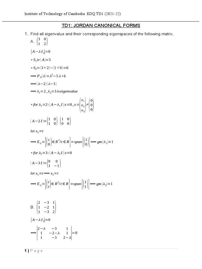 TD1 JORDAN CANONICAL FORMS (v2) | PDF | Eigenvalues And Eigenvectors | Functional Analysis