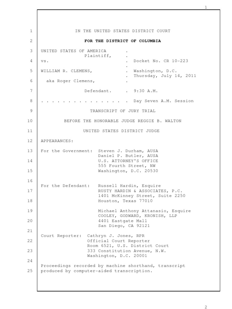 Clemens Trial Transcript | PDF | Witness | Deposition (Law)