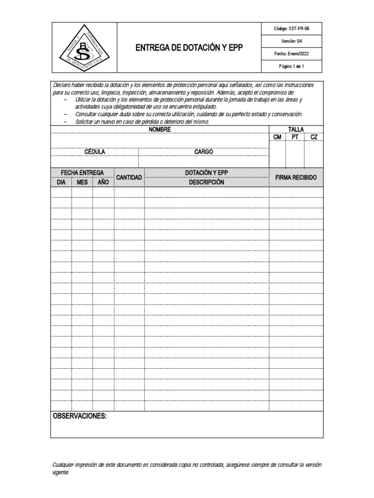SST-FR-06. Entrega de Dotación y Epp | PDF SST-FR-06. Entrega de Dotación y Epp | PDF
