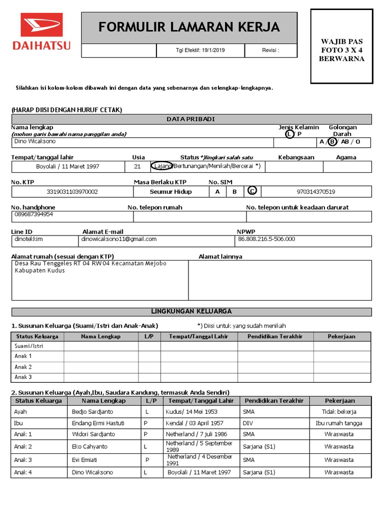 FLK (Formulir Lamaran Kerja) - 2017 | PDF