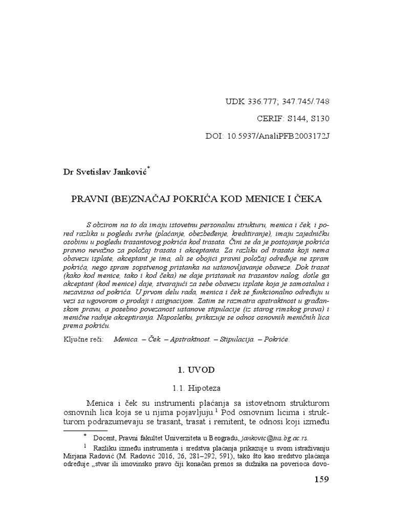 Pravni (Be) Znacaj Pokrica Kod Menice I Ceka | PDF