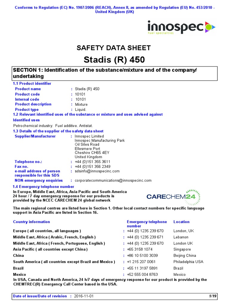 MSDS Stadis 450 Eng | PDF | Personal Protective Equipment | Safety