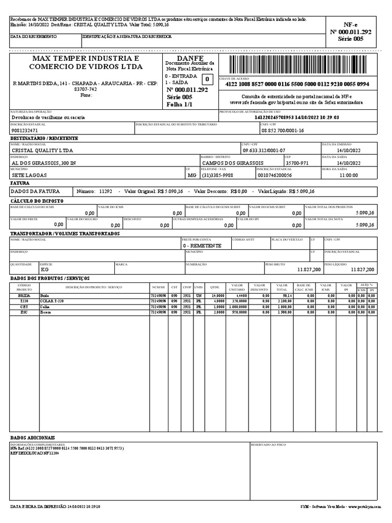 Danfe Max Temper Industria E Comercio de Vidros Ltda: NF-e #000.011.292 Série 005 | PDF