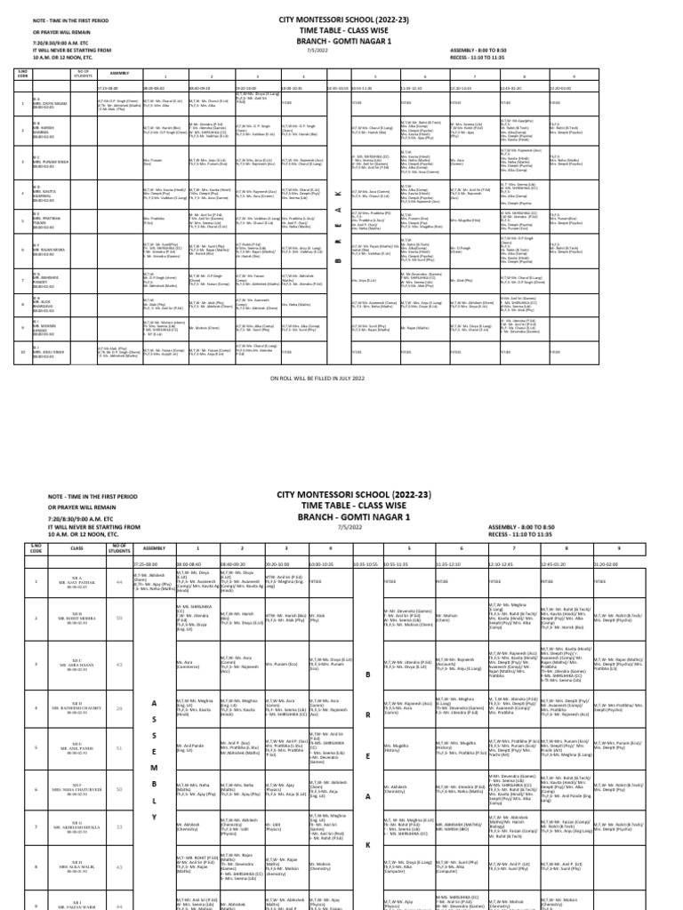 Class Timetable for City Montessori School Branch Gomti Nagar 1 for ...