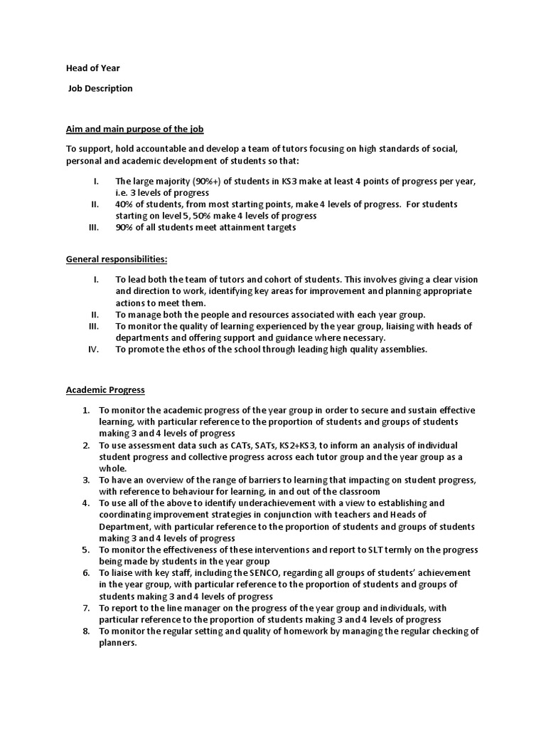 Head of Year Job Description | PDF | Teachers | Mentorship