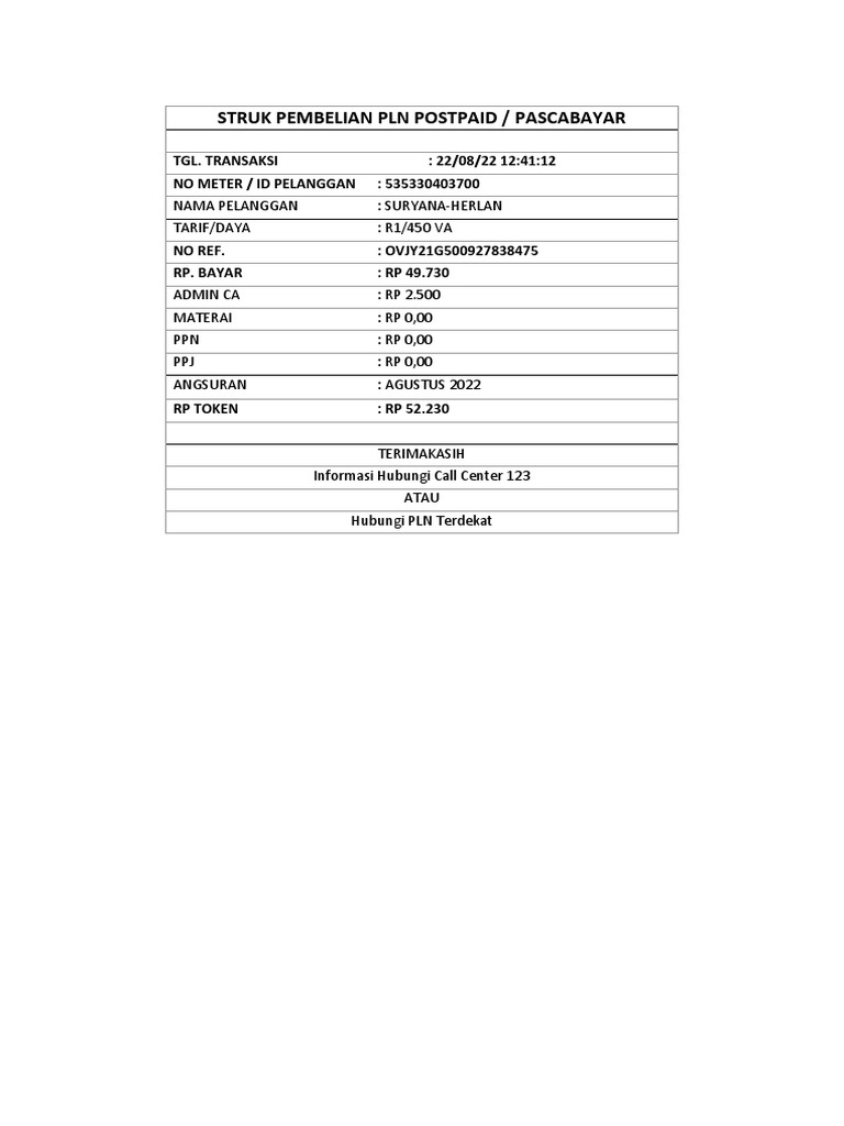 Struk Pembelian Token PLN 2022 | PDF