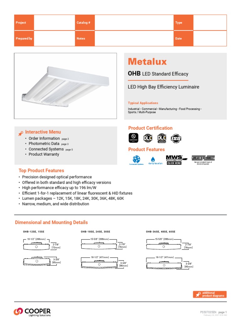 Metalux Ohb Standard Effic Specsheet | PDF | Light Emitting Diode ...