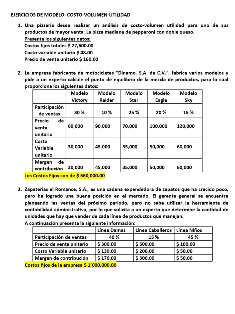 Ejercicios Contabilidad Costo, Volumen, Utilidad | PDF