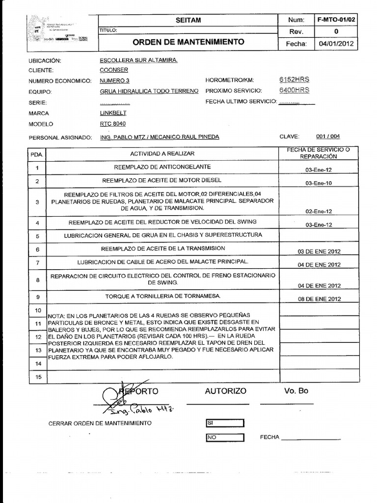 Orden de Mantto Ejecutada | PDF